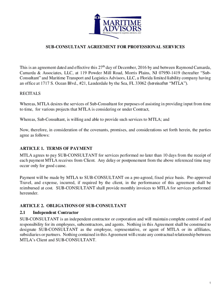 Fillable Online Standard Agreement for Subconsultant Services to Ch2M ...