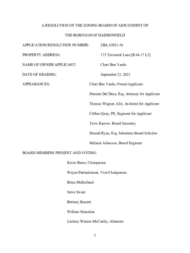 Fillable Online A RESOLUTION OF THE ZONING BOARD OF ADJUSTMENT OF THE ...