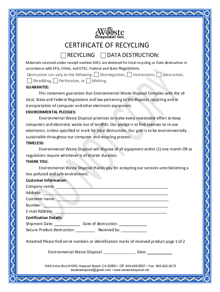 Fillable Online Certificate of Recycling DefinitionLaw Insider Fax Email Print - pdfFiller