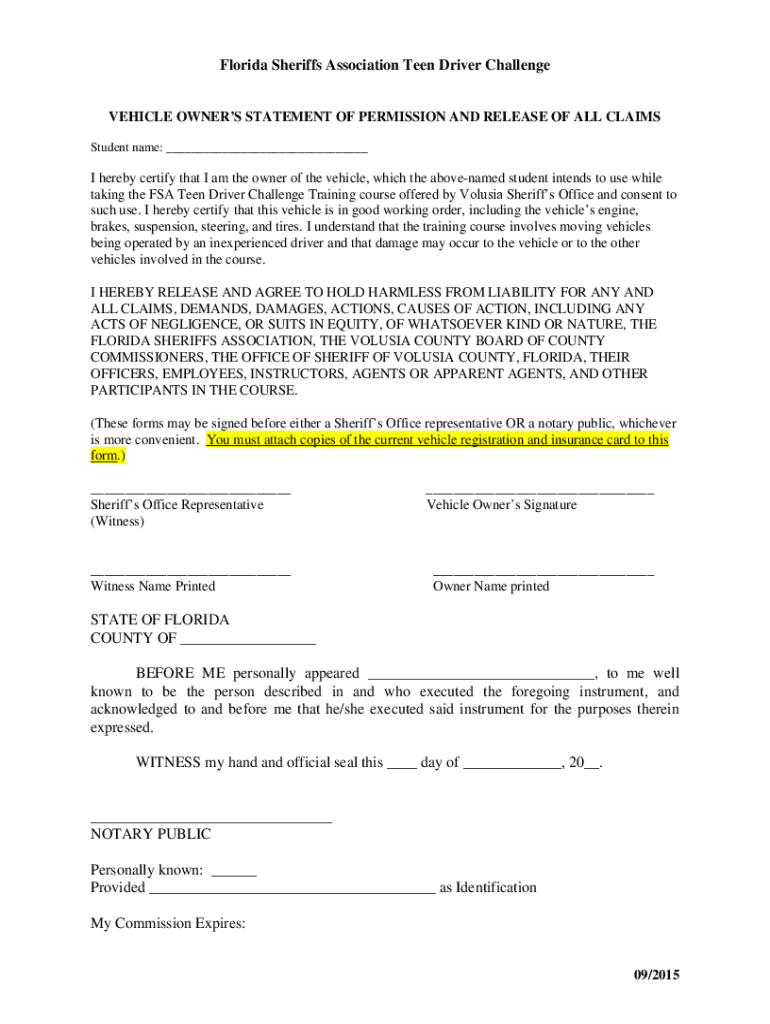 Fillable Online VEHICLE OWNERS STATEMENT OF PERMISSION AND RELEASE OF ...