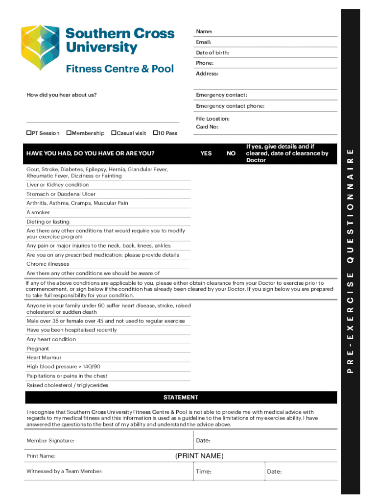 Fillable Online SCU Fitness Centre & Pool Membership Form. SCU Fitness ...
