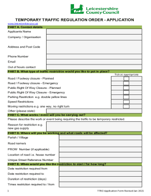 Fillable Online Temporary Traffic Regulation Order - application form Fax Email Print - pdfFiller