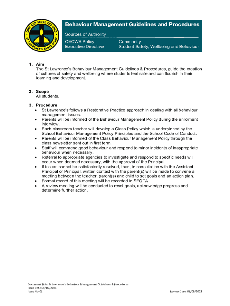 Fillable Online St Lawrence Behaviour Management Guidelines & Procedures DRAFT Fax Email Print ...