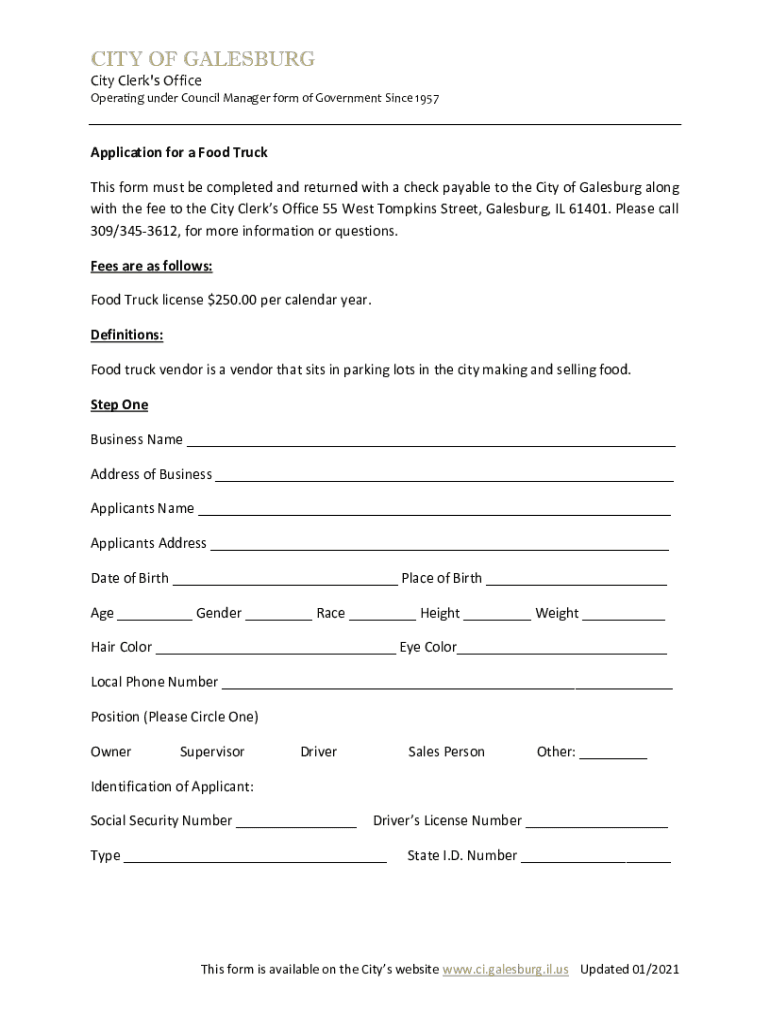 Fillable Online Food Truck Application - CITY OF GALESBURG Fax Email Print - pdfFiller