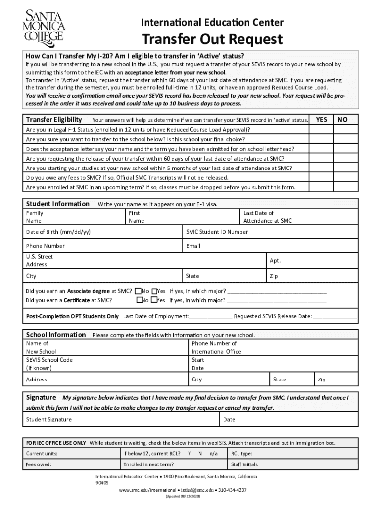 Fillable Online I-20 Transfer Out Request Form - Center for ...