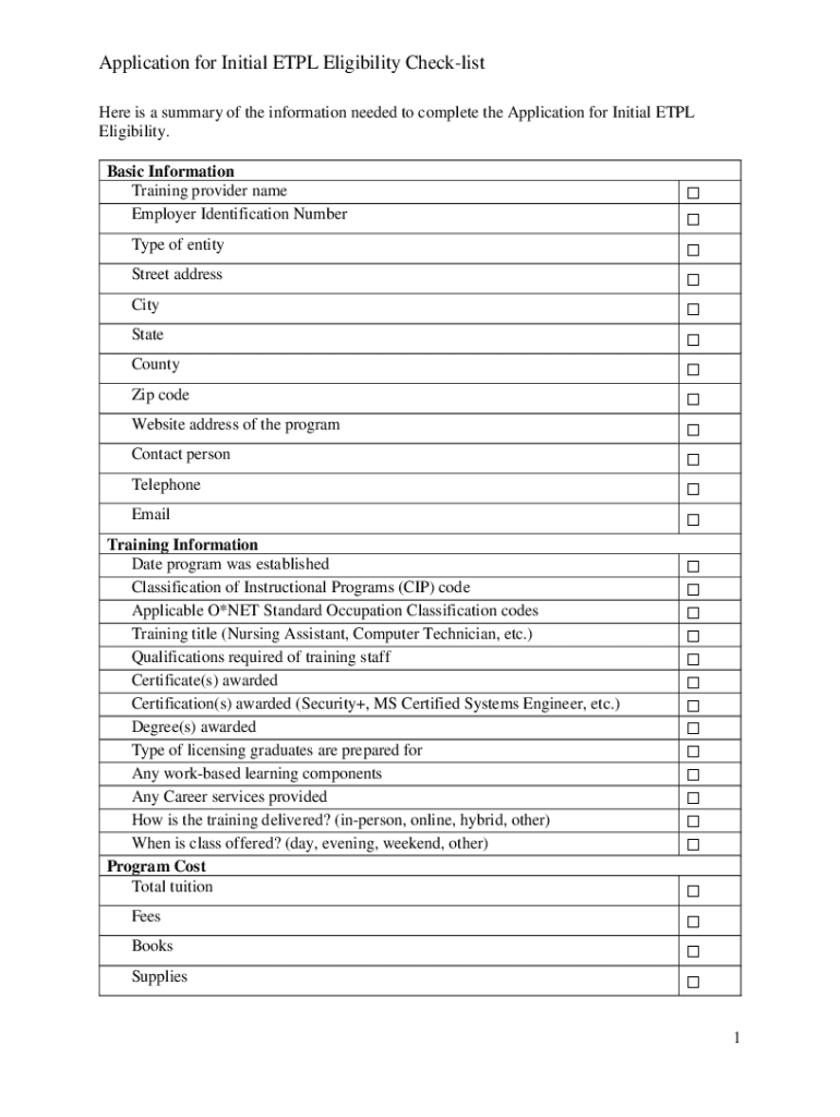 Fillable Online Application for Initial ETPL Eligibility Check-list Fax Email Print - pdfFiller