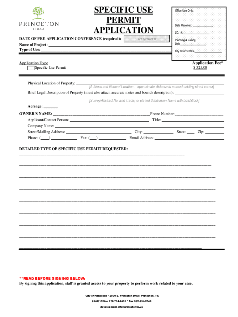 Fillable Online princetontx.govwp-contentuploadsSPECIFIC USE PERMIT Date Received : APPLICATION ...