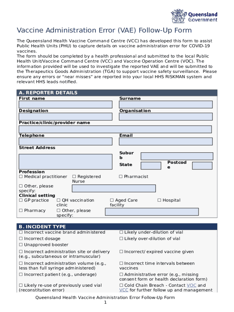 Vaccine Administration Error reporting Queensland Health. Queensland ...