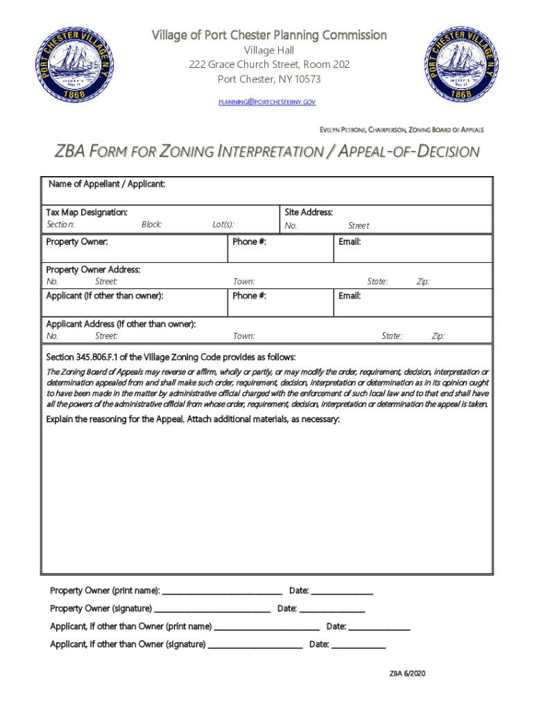 Fillable Online ZBA FORM FOR ZONING INTERPRETATION / APPEAL-OF-DECISION ...