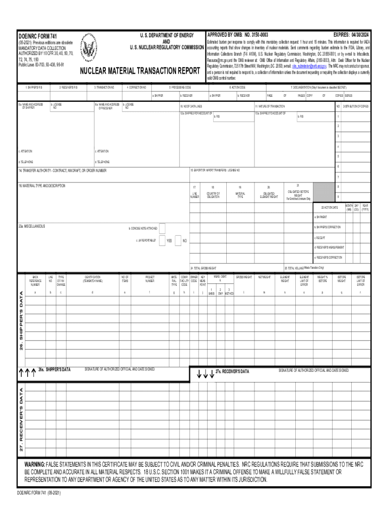 Fillable Online NRC Form 741 - Nuclear Material Transaction Report Fax ...