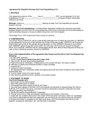 Fillable Online Agreement for Dispatch Services (Out Front Dispatching ...