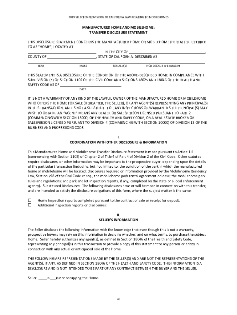Fillable Online Manufactured Home and Mobilehome Transfer Disclosure ...
