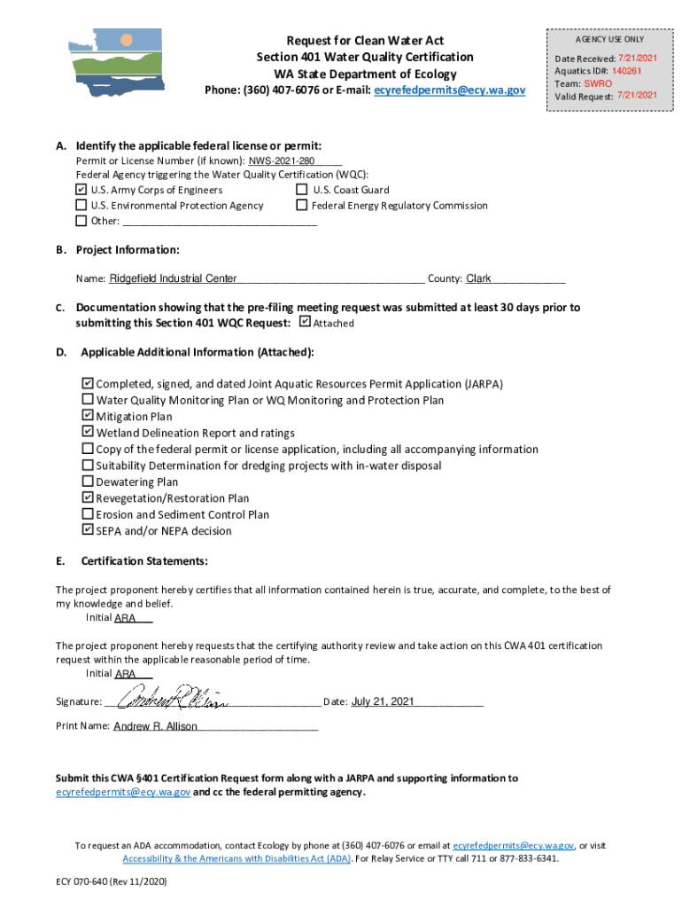 Fillable Online f ' , --! Request for Clean Water Act Section 401 Water ...