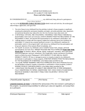 Fillable Online WAIVER AND RELEASE OF LIABILITY AGREEMENT FOR MINOR ...