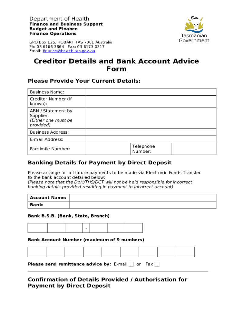 Creditor Details and Bank Advice Doc Template | pdfFiller