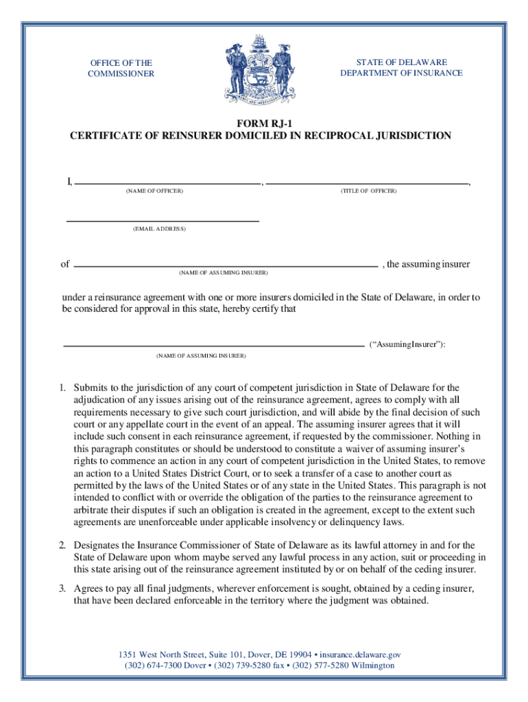 Fillable Online FORM RJ-1 CERTIFICATE OF REINSURER DOMICILED IN ... Fax ...
