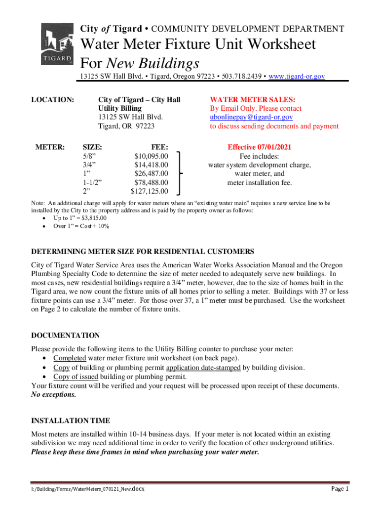 Fillable Online Water Meter Fixture Unit Worksheet - For New Buildings ...