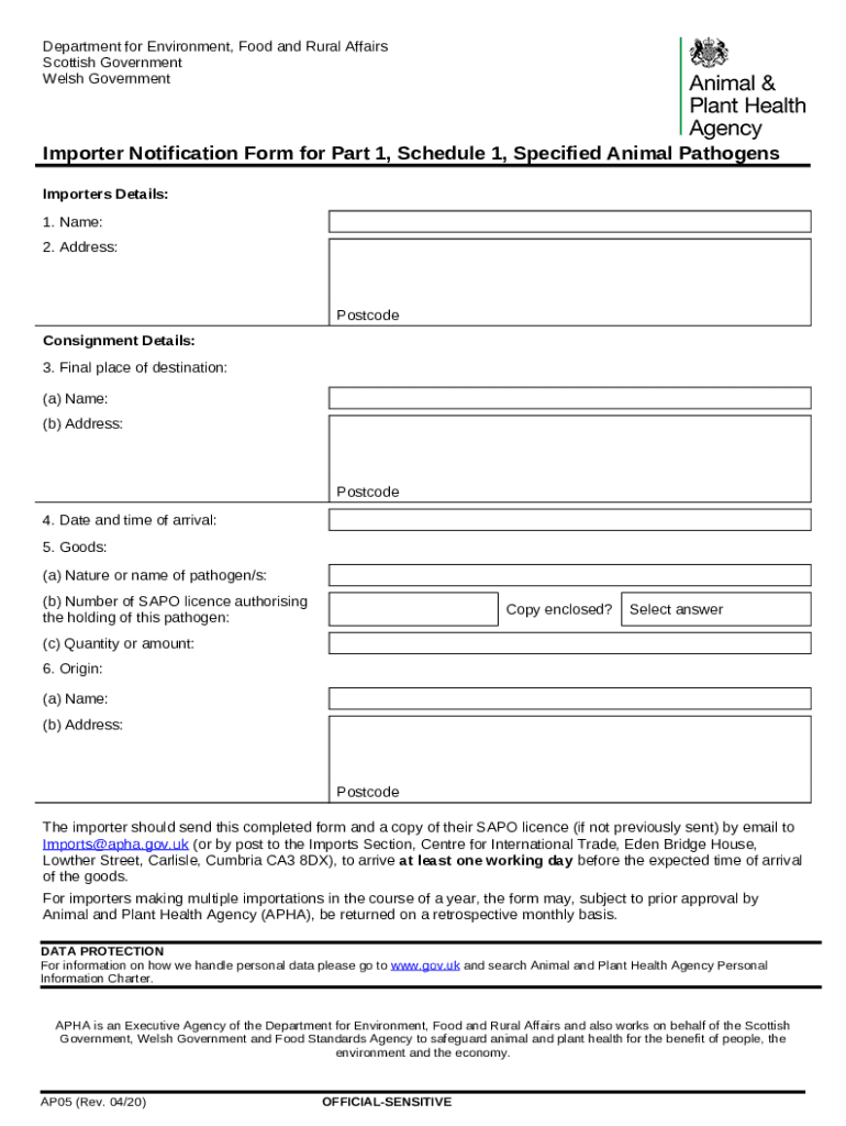 Importer Notification for Part 1, Schedule 1, Specified Animal ...