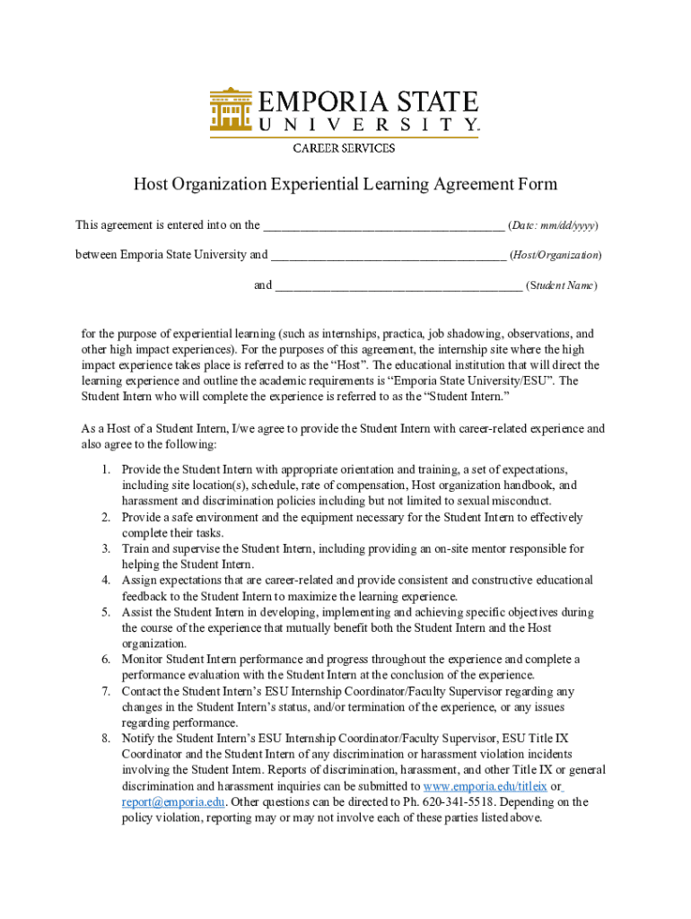 Fillable Online www.emporia.edudocuments2942Host Organization Experiential Learning Agreement ...
