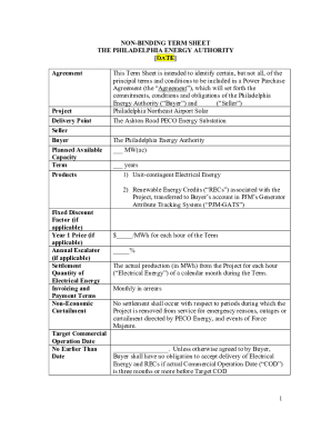 Fillable Online TERM SHEET POWER PURCHASE AGREEMENT Term Sheet PPA ...