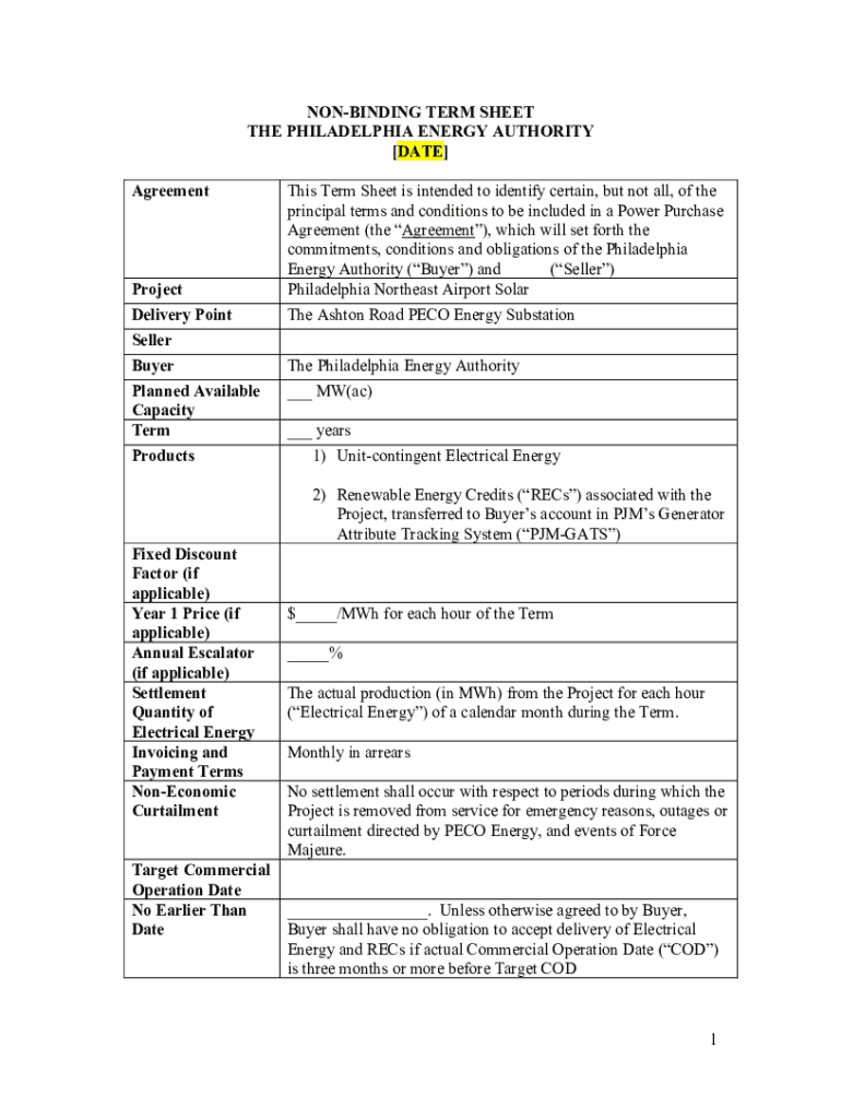 Fillable Online TERM SHEET POWER PURCHASE AGREEMENT Term Sheet PPA ...