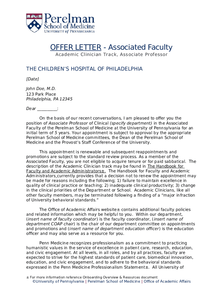 Offer Letter Academic Clinician Assistant Professor The ... Doc ...
