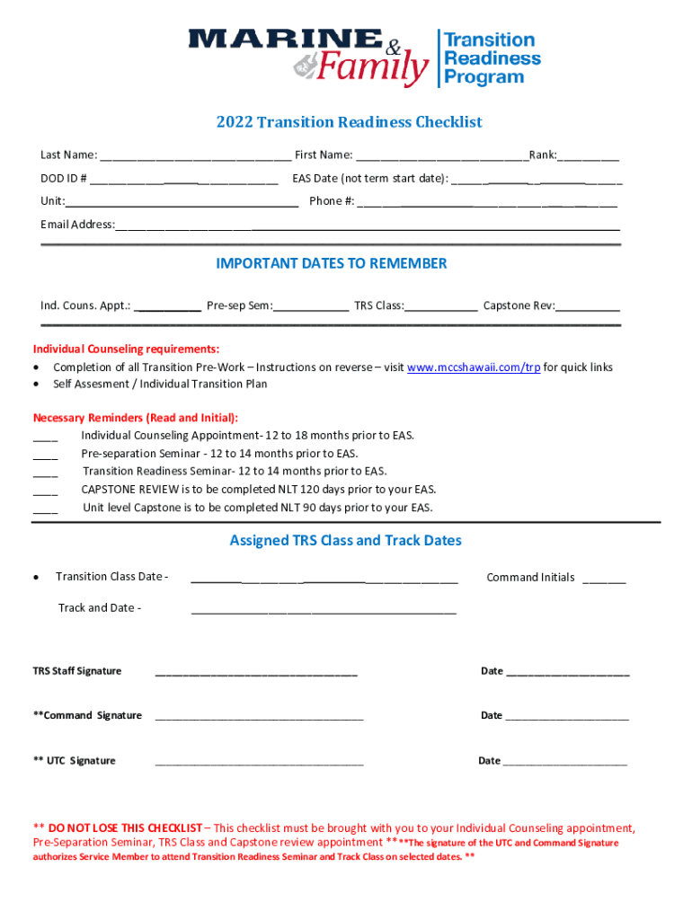 Fillable Online TRANSITION READINESS - United States Marine Corps Fax ...