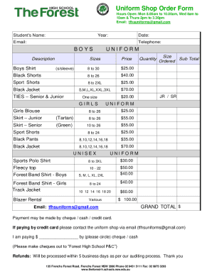 Fillable Online UNIFORM Price List Order Form Opening Hours Monday 7 ...