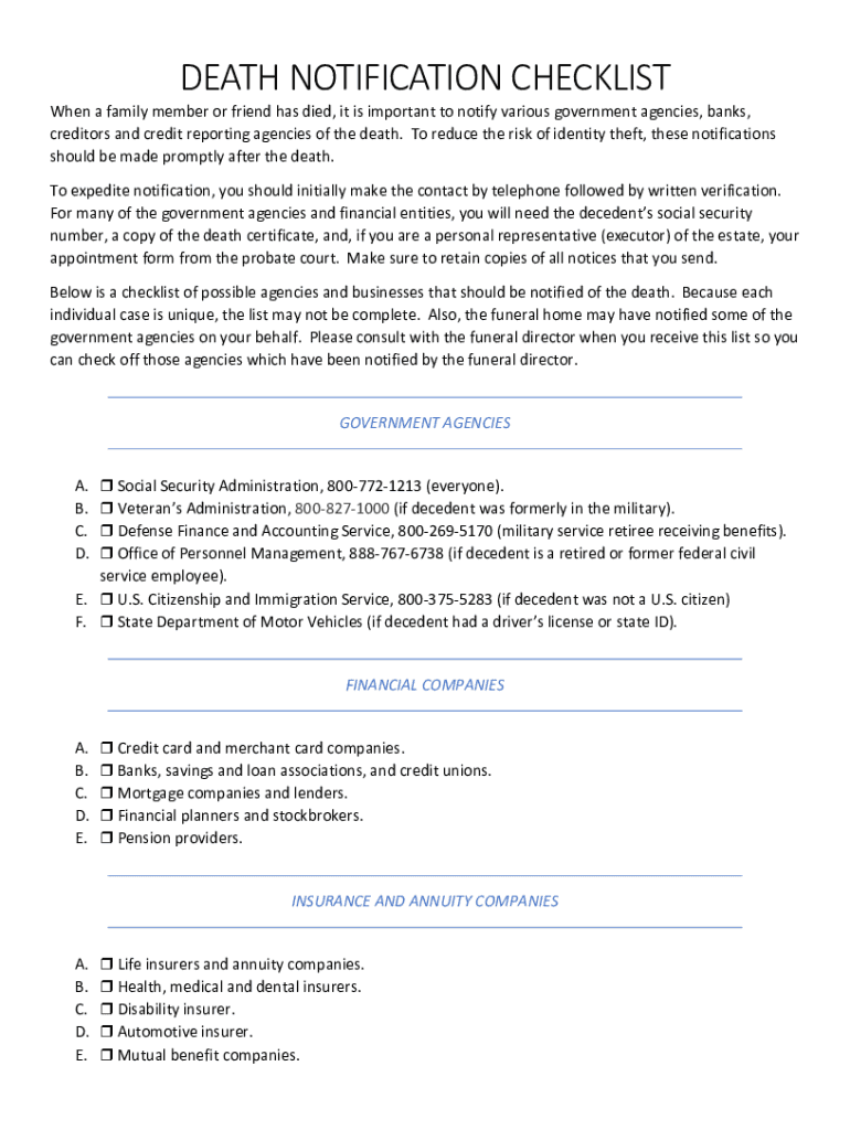 Fillable Online After a Death Checklistremembering a life - NFDA Fax ...