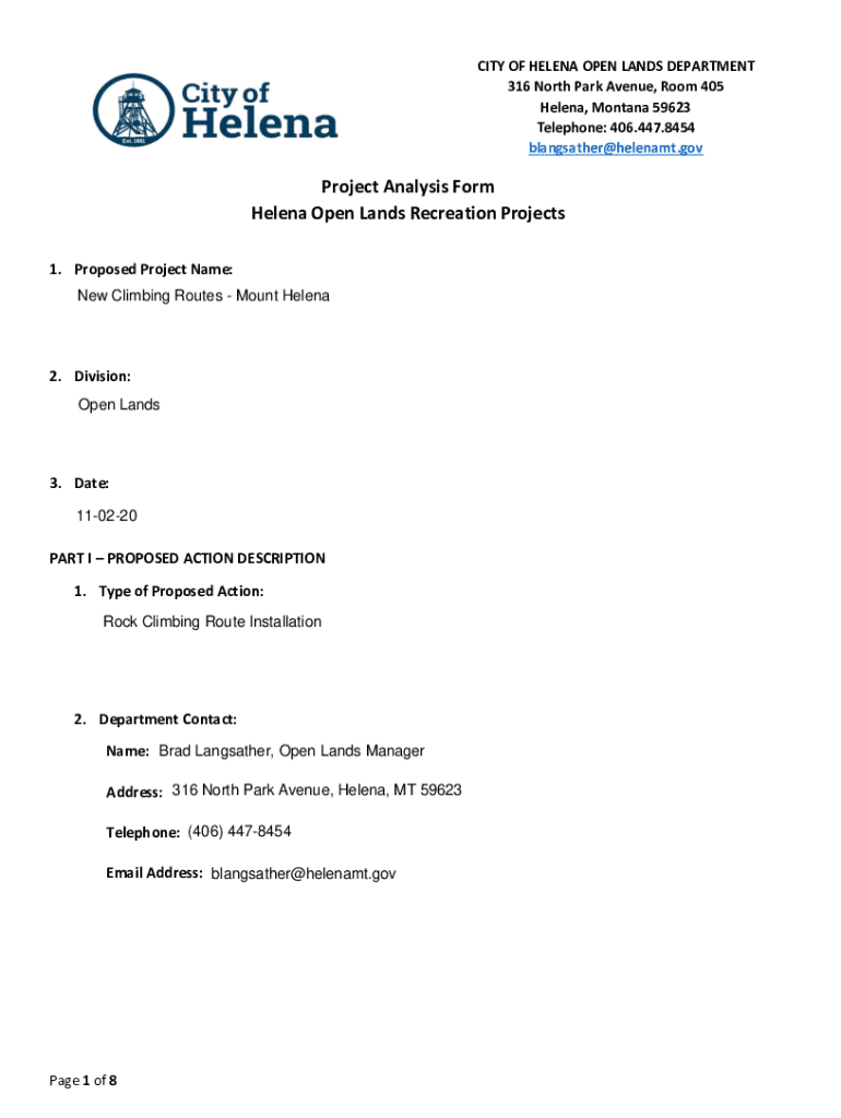 Fillable Online Project Analysis Form Helena Open Lands Recreation ...