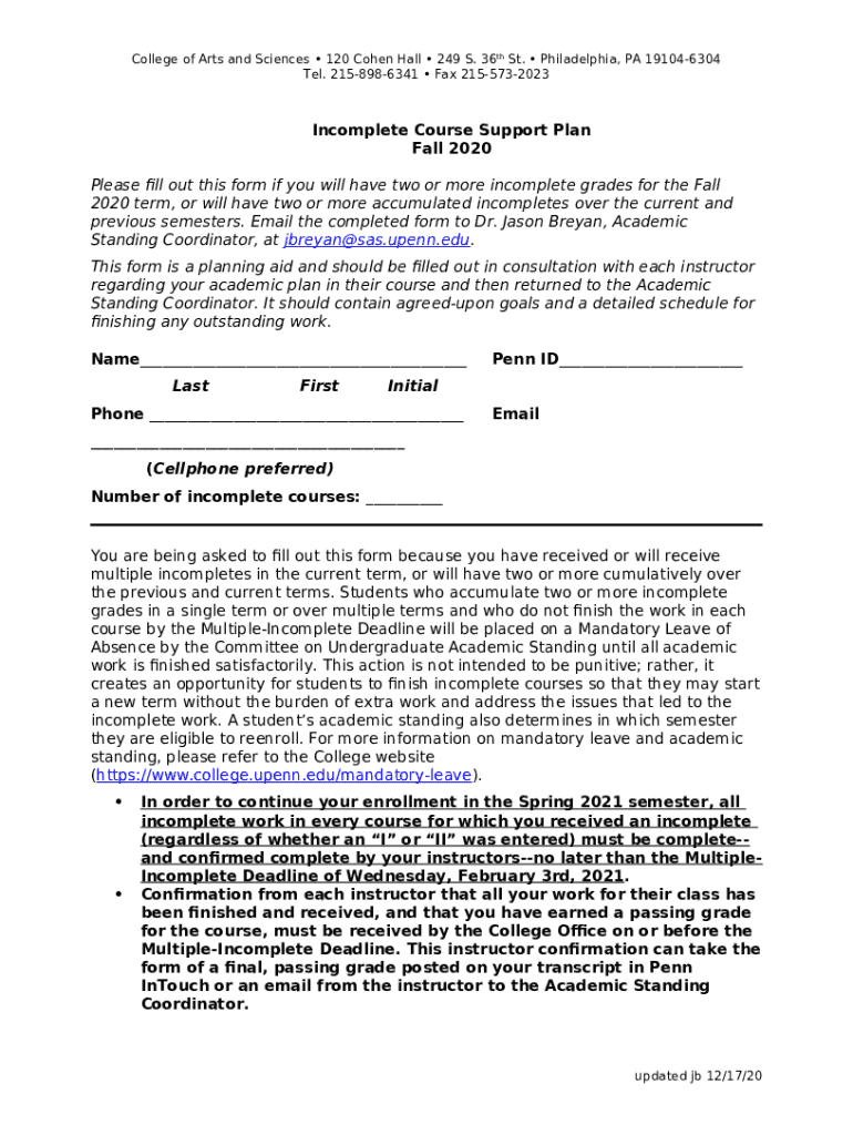 Incomplete Course Support Plan Doc TemplatepdfFiller Doc Template ...