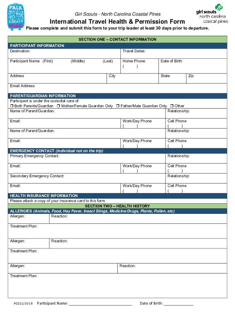 Fillable Online PG211 International Travel Health and Permission Form ...