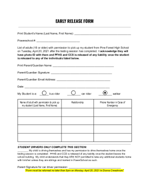 Fillable Online Pre - ACT PFHS Early Release Form Fax Email Print ...