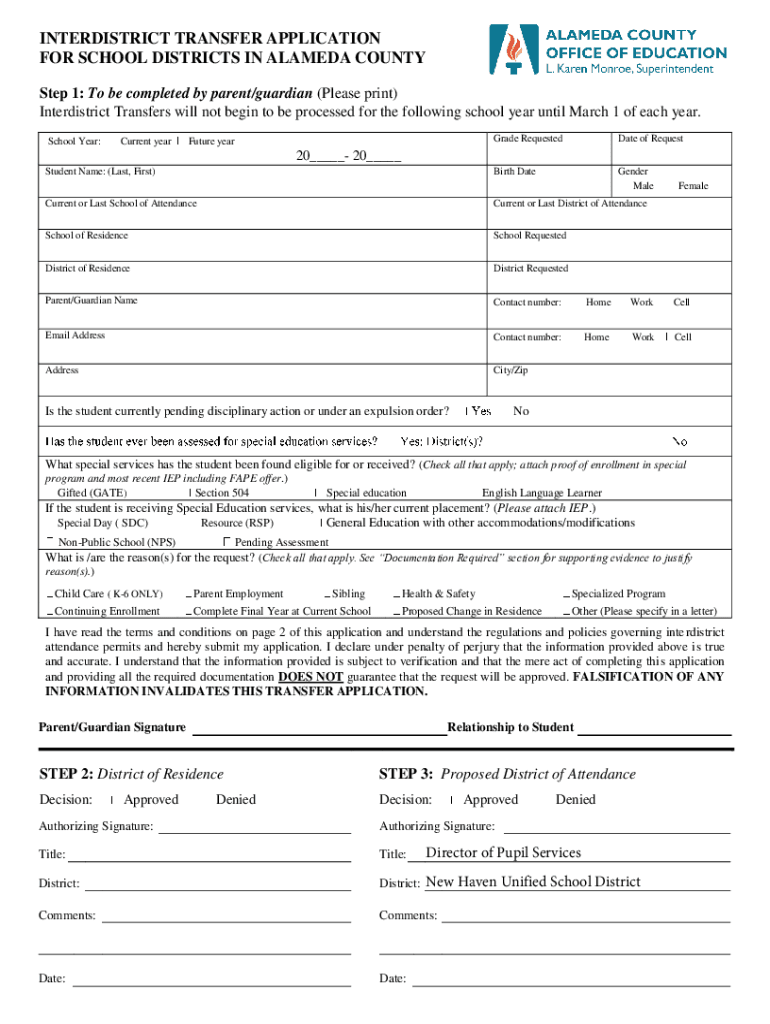 Fillable Online Get the free Interdistrict transfer application for ...