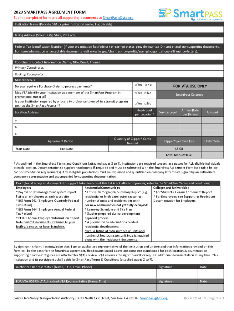 Fillable Online www.vta.orgsitesdefault2022 SMARTPASS AGREEMENT FORM ...