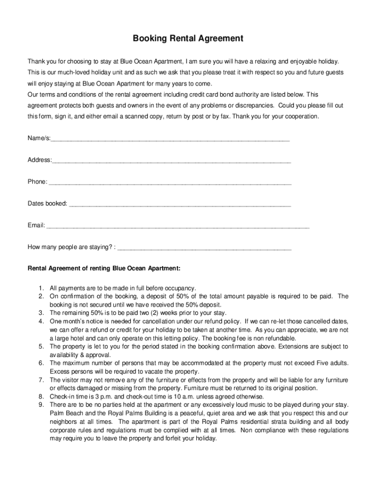 Fillable Online Booking Rental Agreement Fax Email Print - pdfFiller