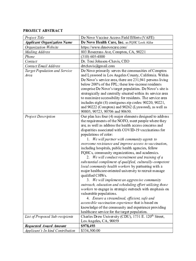 Fillable Online grants hrsa PROJECT ABSTRACT Project Title De Novo ...