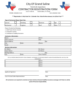 Fillable Online contractor registration form - City of Grand Saline Fax ...
