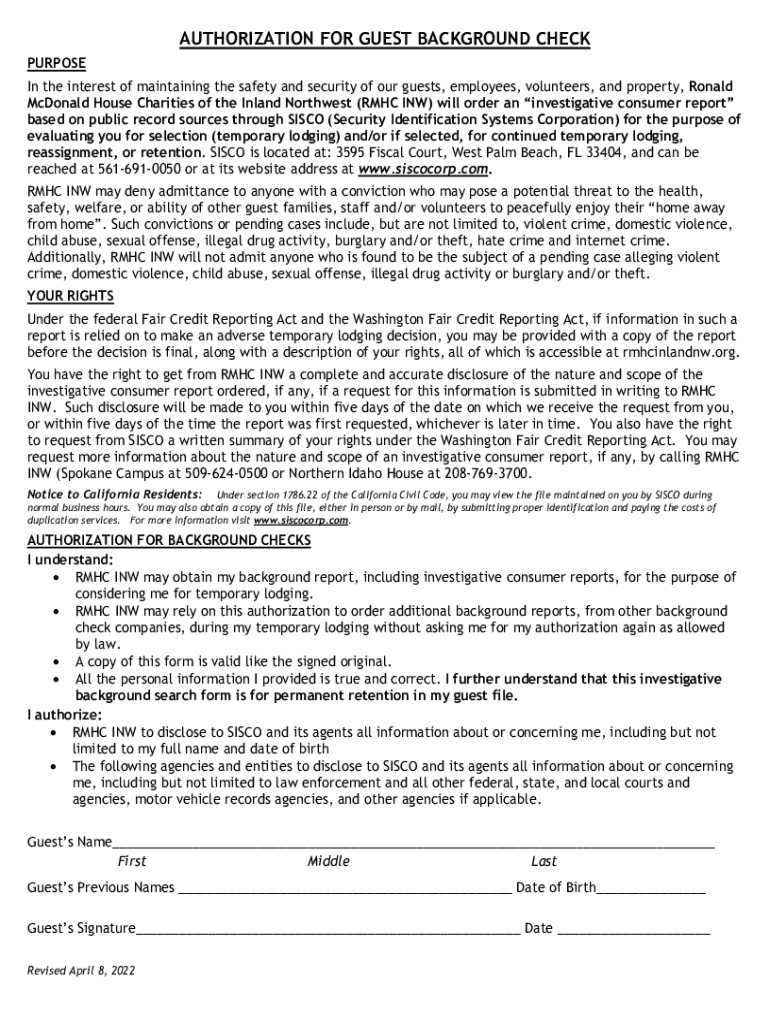 Fillable Online BACKGROUND CHECK DISCLOSURE AND AUTHORIZATION FORM In ...