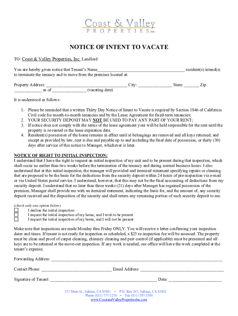 Fillable Online How to Write a Notice of Intent to VacateNotice to Vacate: Everything Landlords ...