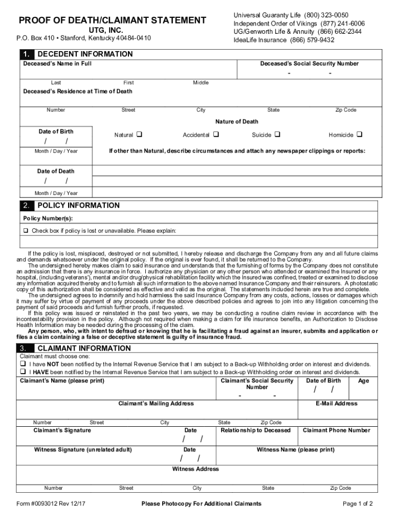 Fillable Online PROOF OF DEATH/CLAIMANT STATEMENT. 0093012 mar2008 Fax ...