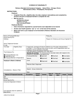 Fillable Online Reset EVIDENCE OF INSURABILITY Reliance Standard Life ...