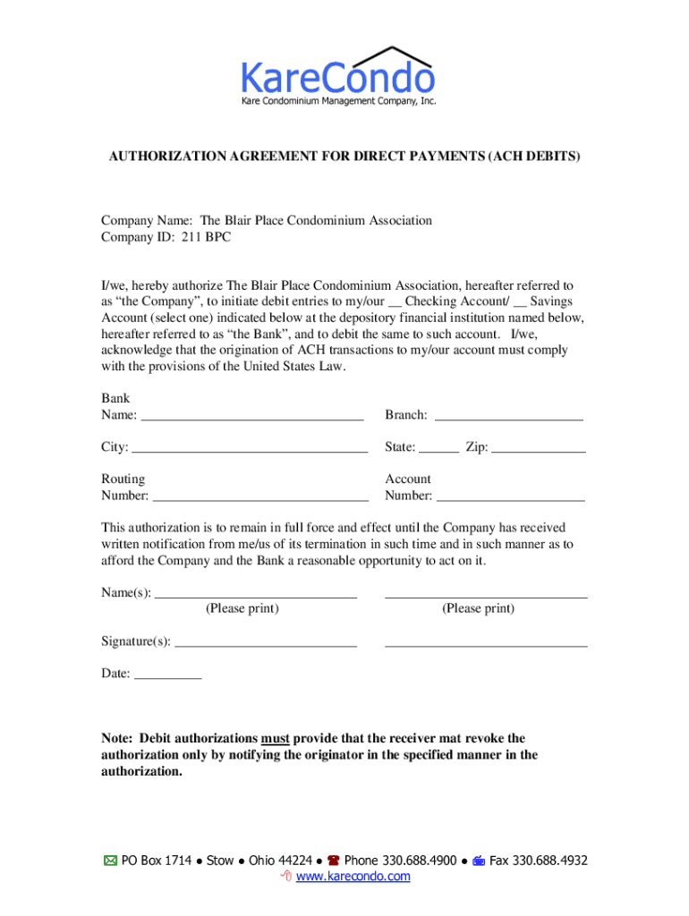 Fillable Online BPC (211) Authorization for ACH Agreement Fax Email ...