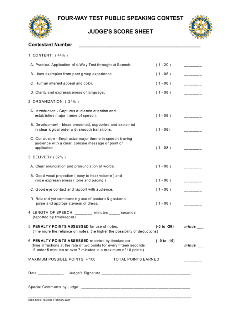 Fillable Online FOUR-WAY TEST PUBLIC SPEAKING CONTEST JUDGE'S SCORE ...