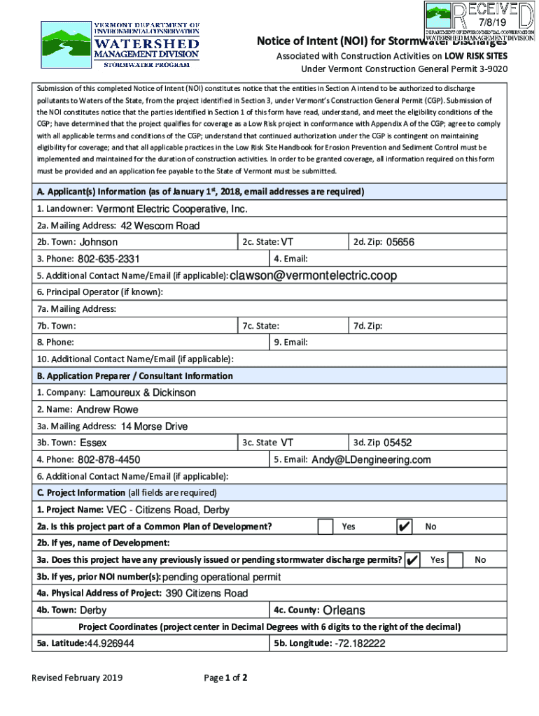 Fillable Online NOTICE OF INTENT TO USE GENERIC PERMIT FOR STORMWATER ...