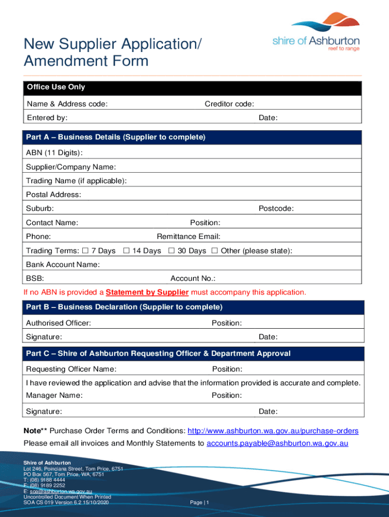 Fillable Online New Supplier Application/ Amendment Form Fax Email ...
