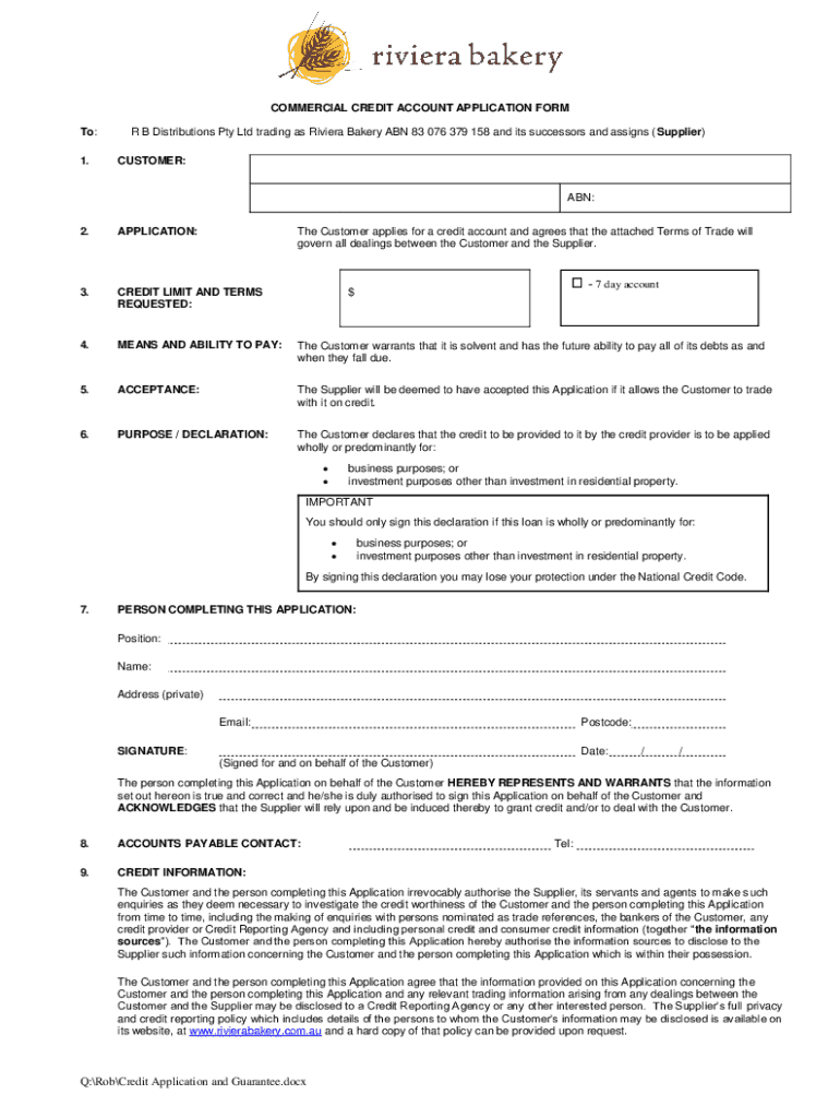 Fillable Online COMMERCIAL CREDIT CONTROL APPLICATION FORM Fax Email ...