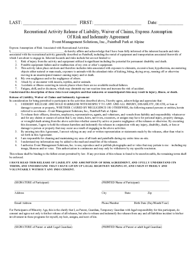 Fillable Online Fillable Online Recreational activity release of ...