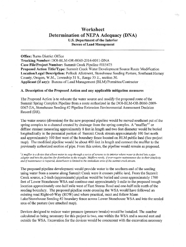 Fillable Online Worksheet Determination of NEPA Adequacy (DNA) - blm.gov Fax Email Print - pdfFiller