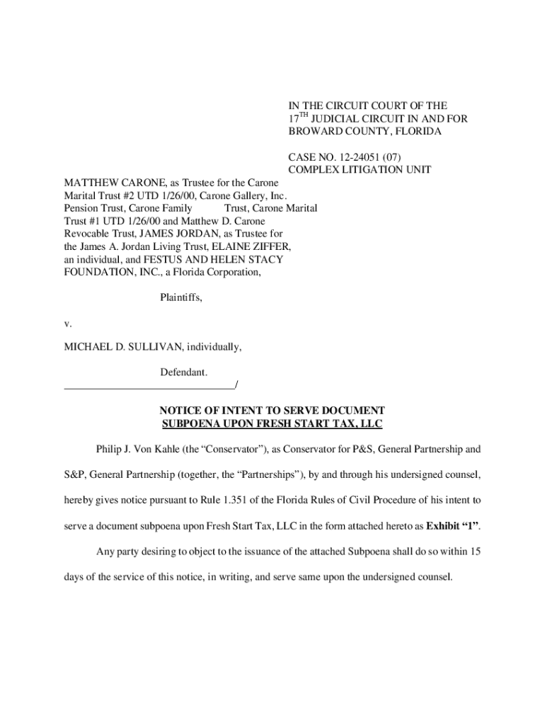 Fillable Online Notice Intent to Serve Subpoena Fresh Start Tax.doc Fax ...